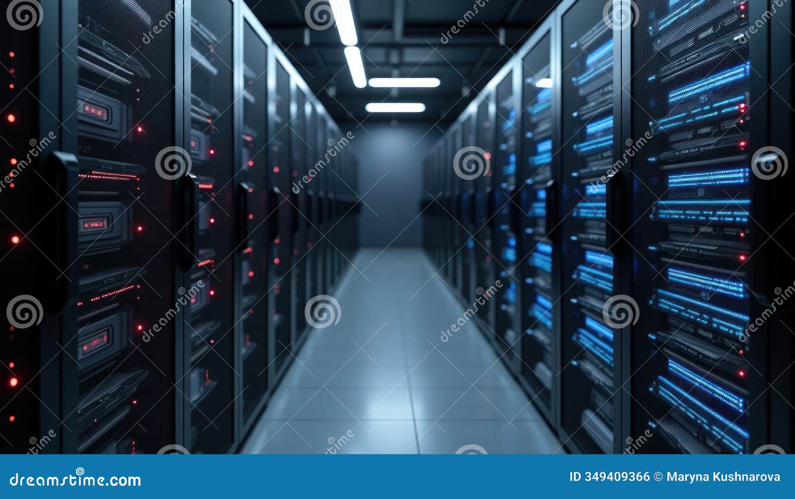 Secure Data Center Server Room. Rows of Dark Server Racks Lined Up in ...