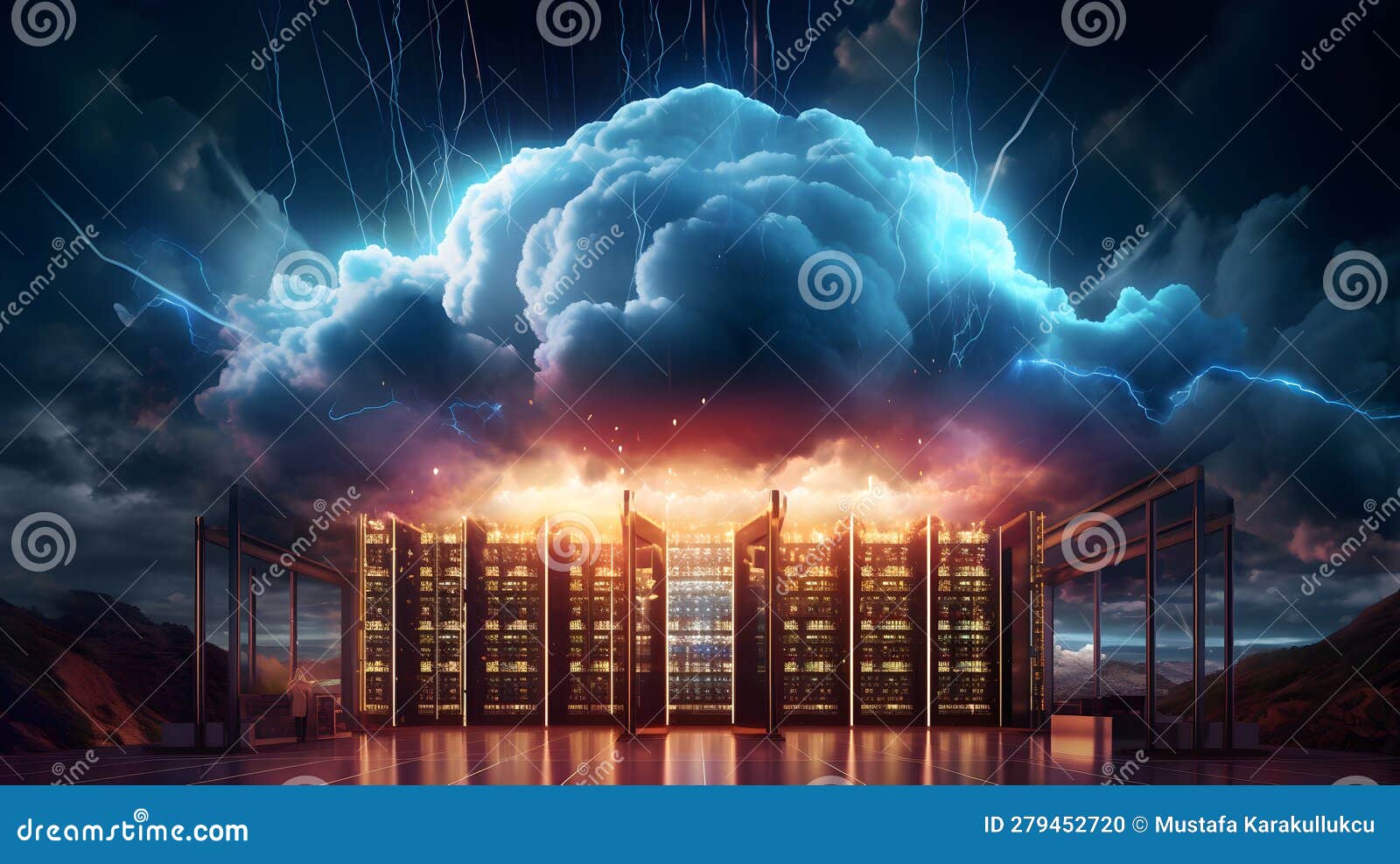A Secure Digital Fortress: Servers Hover Above Storm Stock Illustration ...