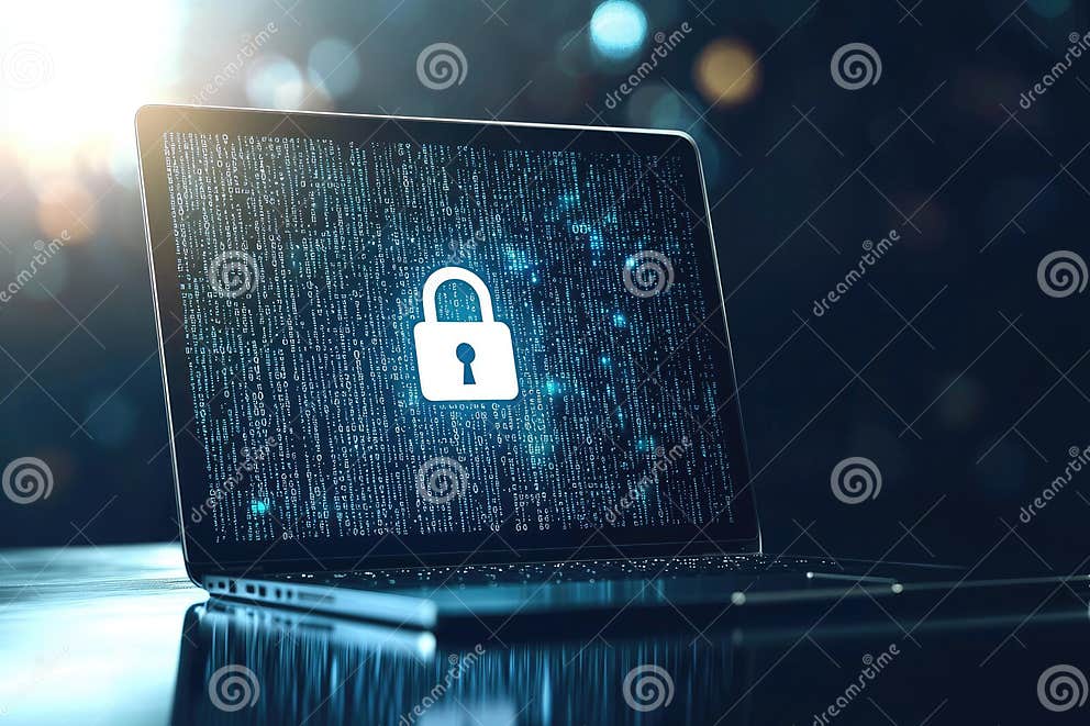 Secure Digital World, Abstract Binary Code Lock Icon on Laptop Screen with Digital Graphics on ...