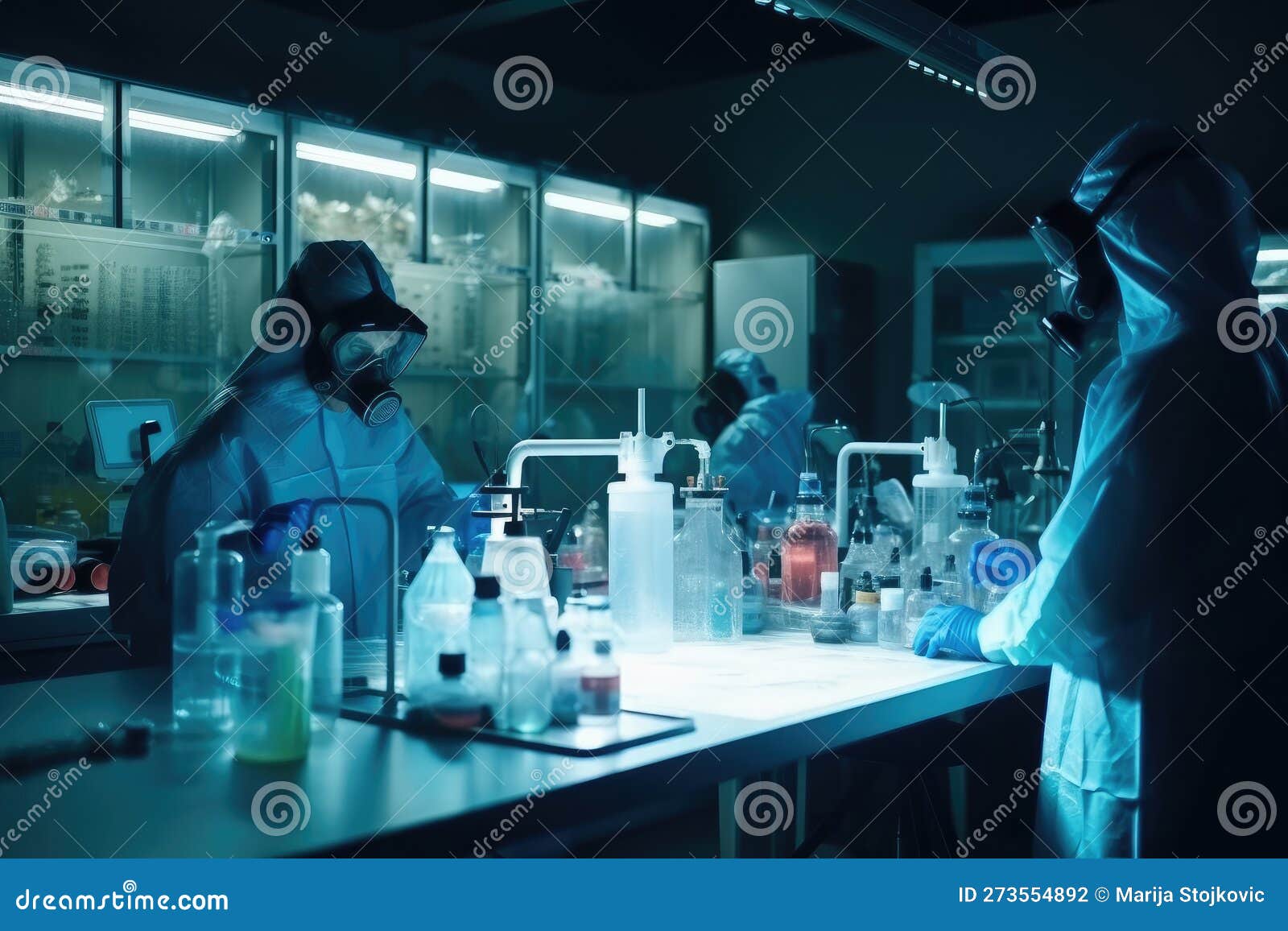In a Secure High Level Laboratory Scientists in a Coverall Conducting a ...