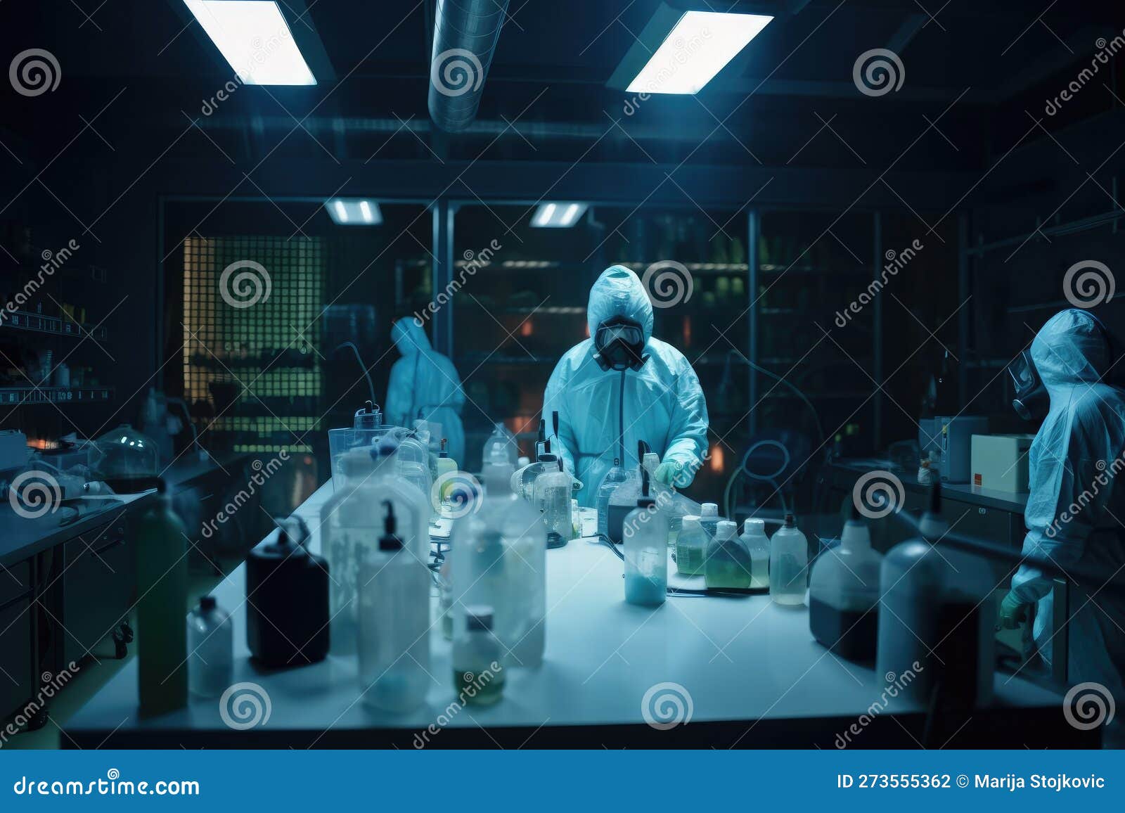 In a Secure High Level Laboratory Scientists in a Coverall Conducting a ...
