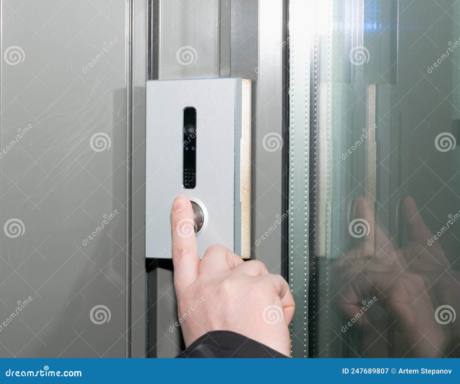 Hands Pressing on Intercom stock image. Image of apartment - 247689807