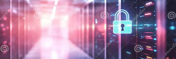 Secure Lock Icon in a Data Center Hallway, Symbolizing the Importance ...