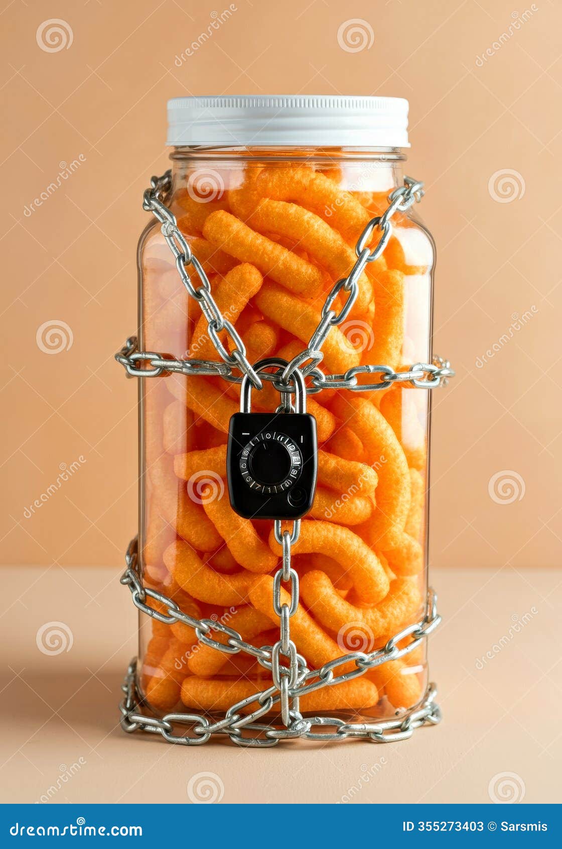 Secure Snack: Cheetos in a Locked Jar with Chains and Padlock on Beige ...