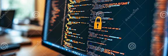 Secure Software Development, Code on a Computer Monitor with Padlock Symbol for Cybersecurity ...