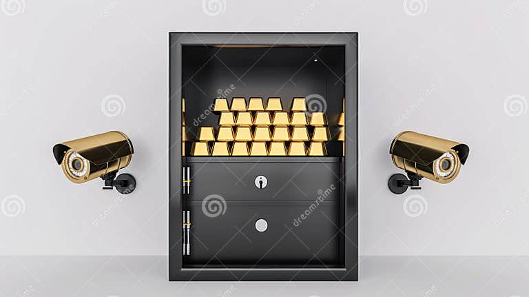 Secure Wealth: 3D Render of Gold Bars in Safe with Security Cameras on ...