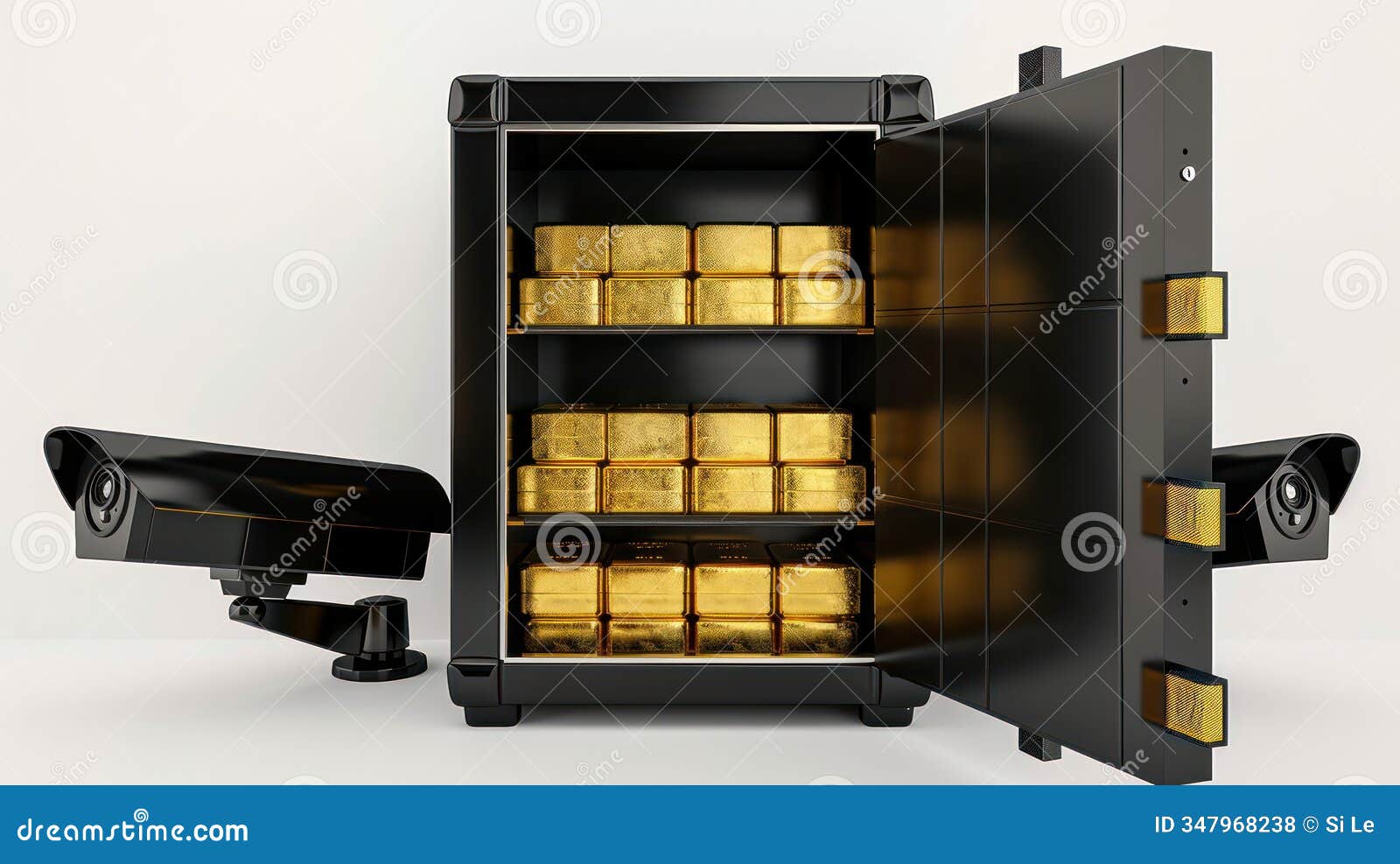 Secure Wealth: 3D Rendering of Gold Bars in Safe with Security Cameras ...
