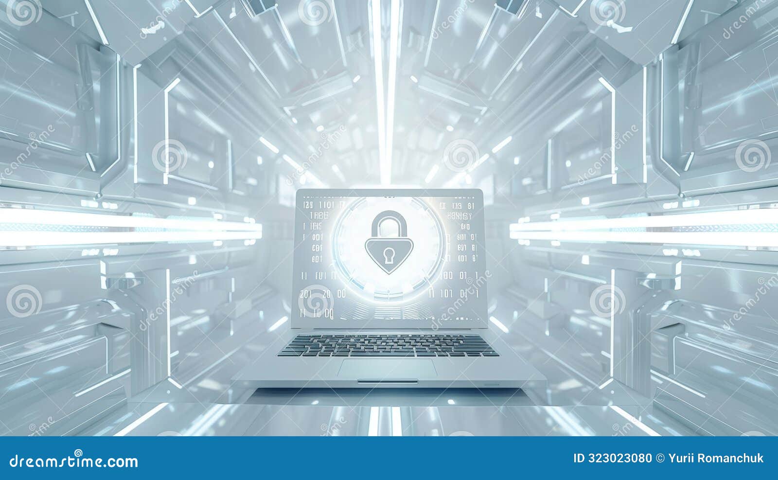 Secure Workspace with Laptop Lock Symbol in Binary Shield, Futuristic ...