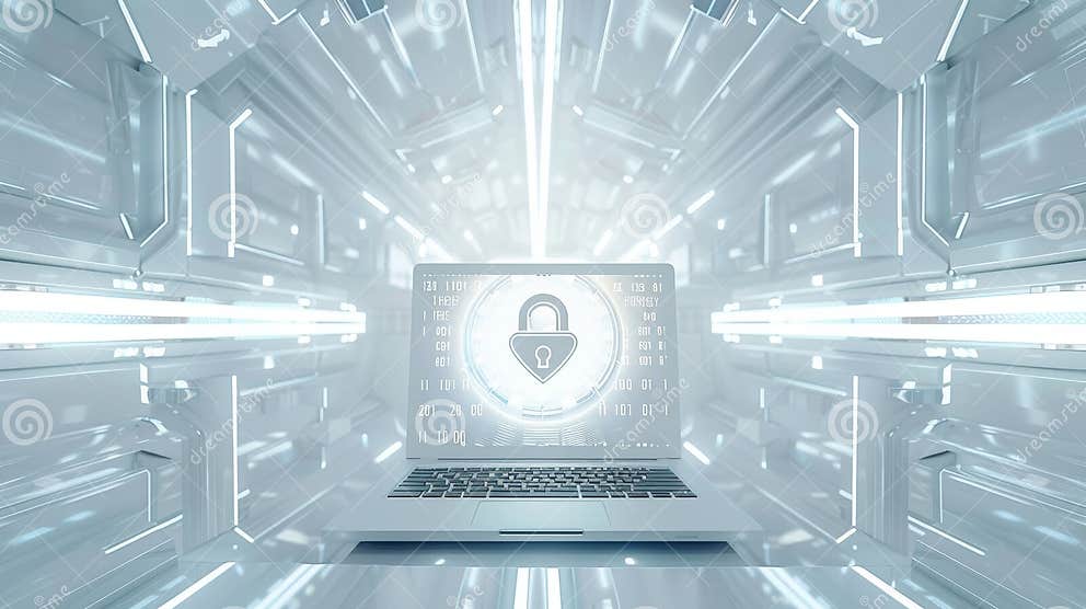 Secure Workspace with Laptop Lock Symbol in Binary Shield, Futuristic ...