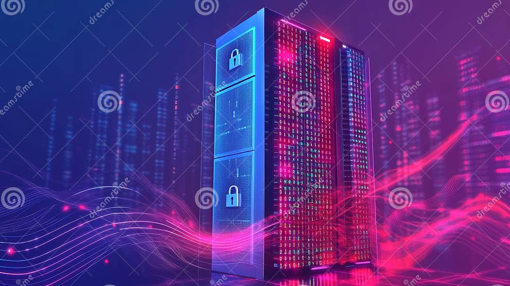 Secured Data Server with Glowing Lock Icons, Representing Cyber Security, Data Protection, and ...