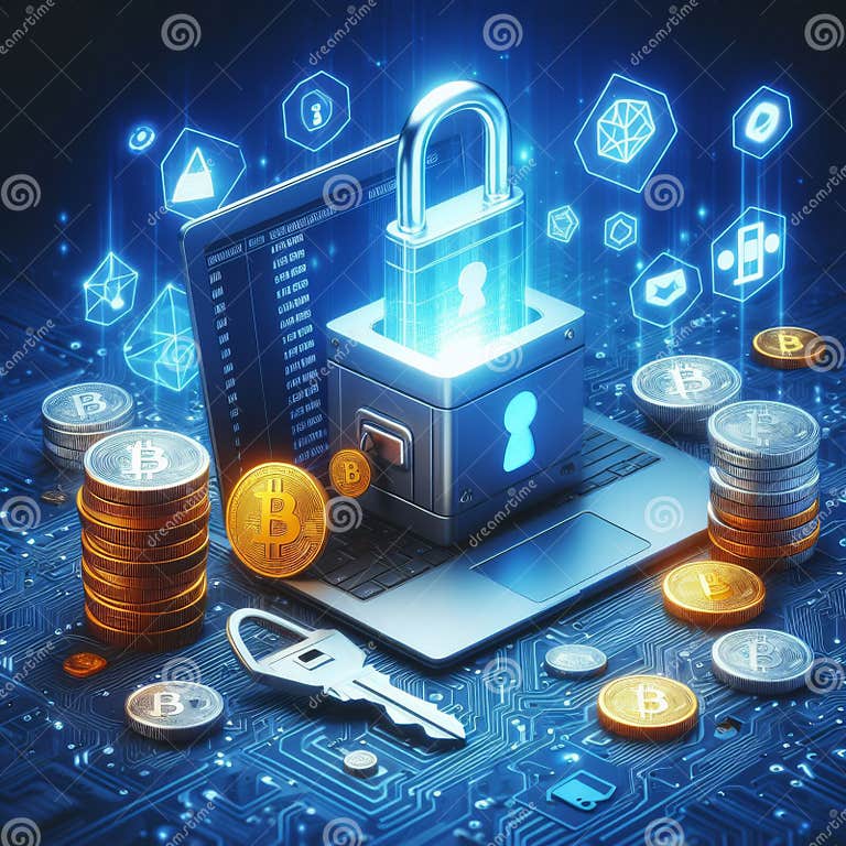 Secured Laptop with Bitcoin and Blockchain Elements Stock Photo - Image ...