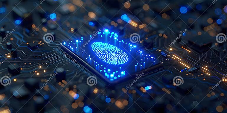 Securing Data with a Blue Microchip and Fingerprint Symbol ...