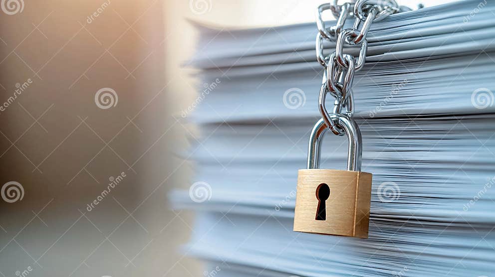 Securing Vital Documents with a Padlock and Chain To Maintain Data Privacy and Security Stock ...