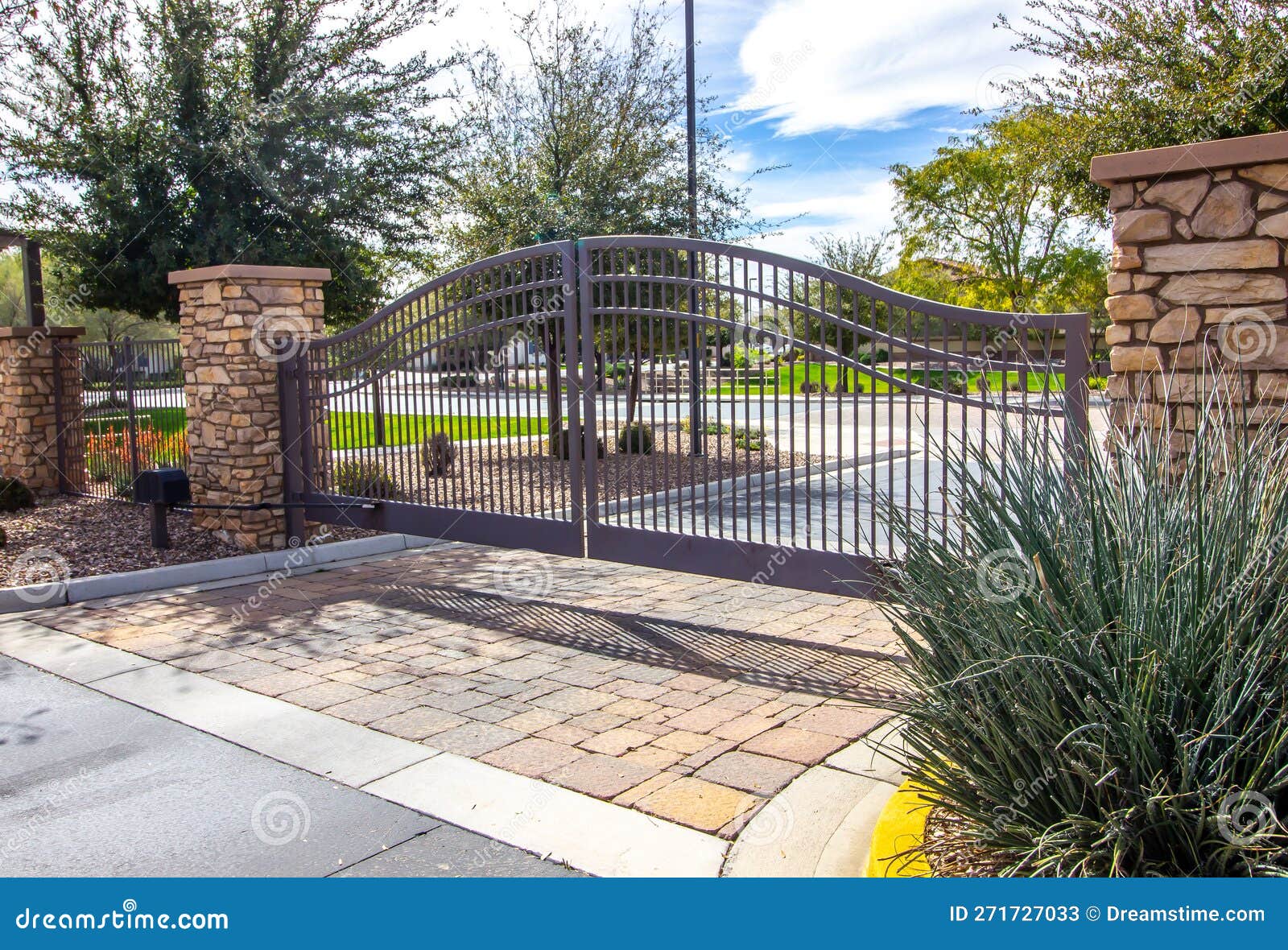 Security Automobile Gate with Rock Columns Stock Image - Image of ...