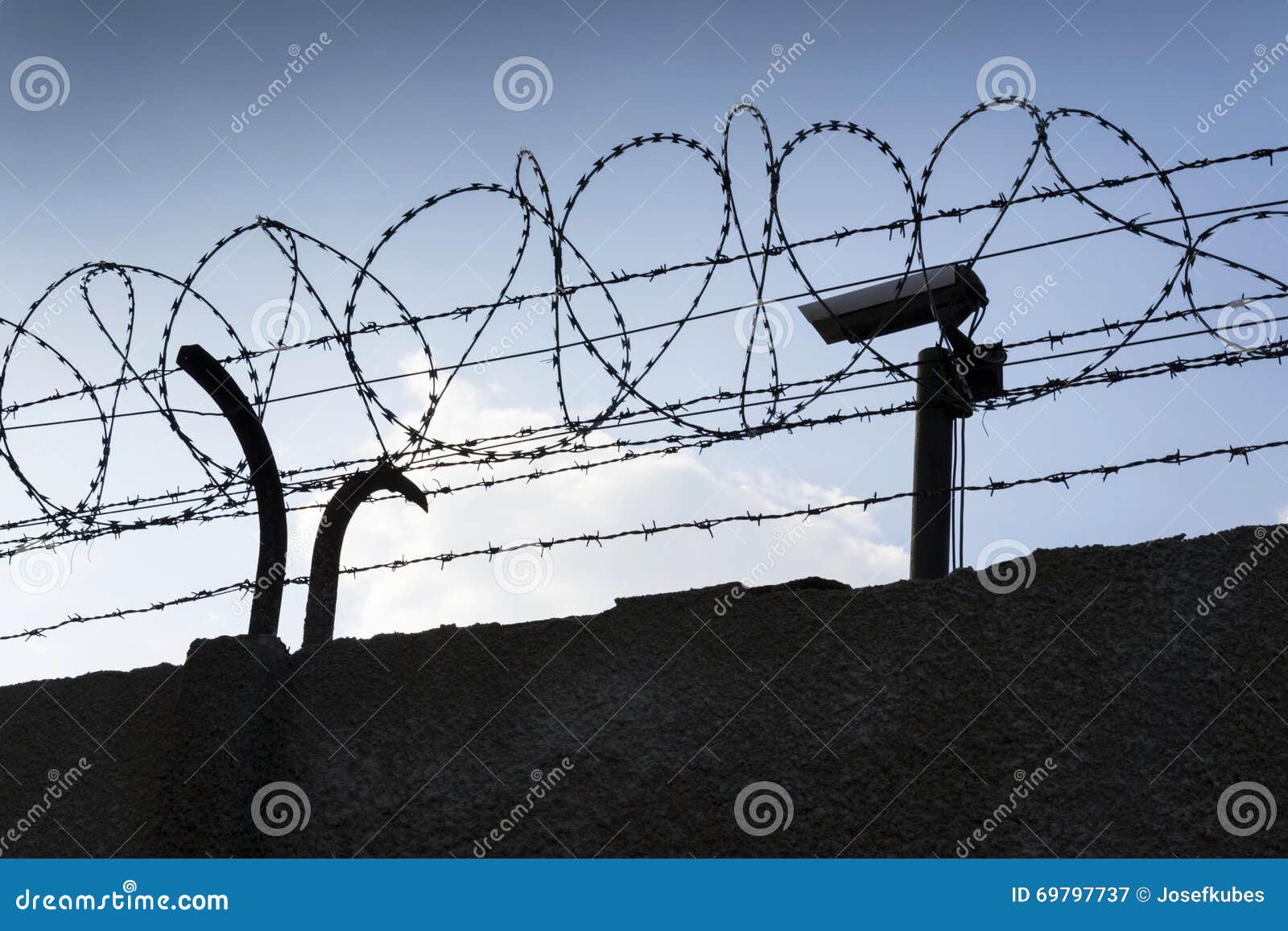 Security Camera Behind Barbed Wire Fence Around Prison Walls Stock ...