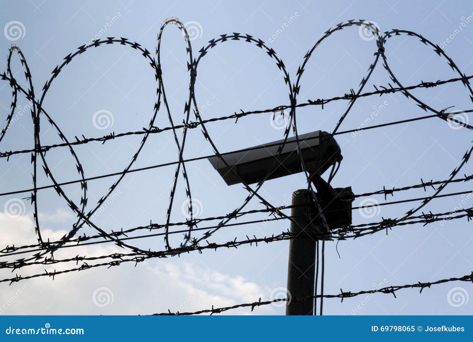 Security Camera Behind Barbed Wire Fence Around Prison Walls Stock ...