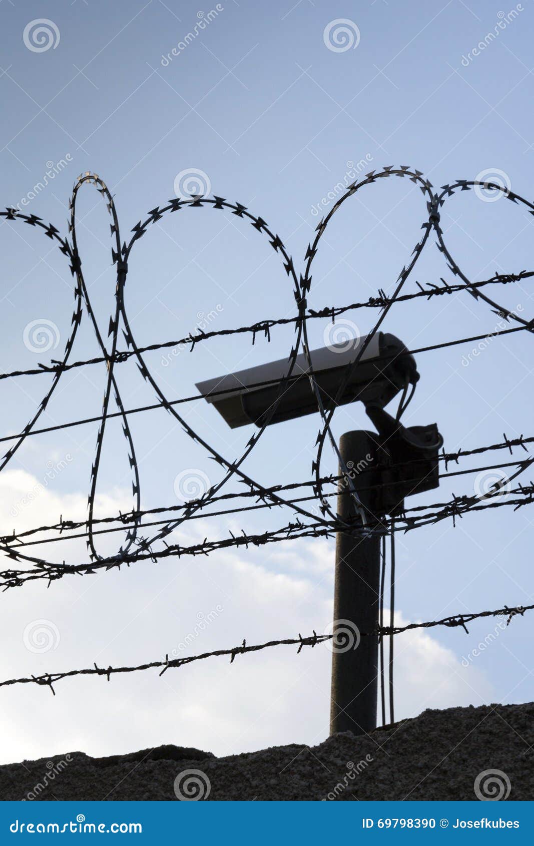 Security Camera Behind Barbed Wire Fence Around Prison Walls Stock ...