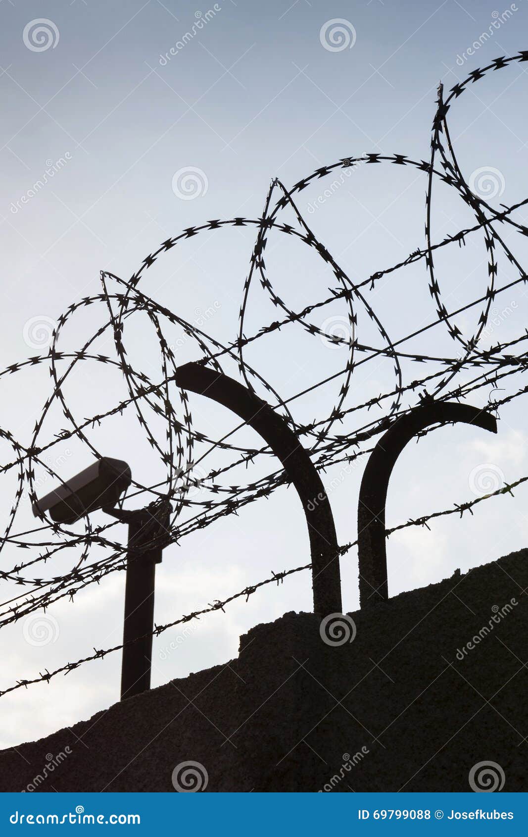 Security Camera Behind Barbed Wire Fence Around Prison Walls Stock ...