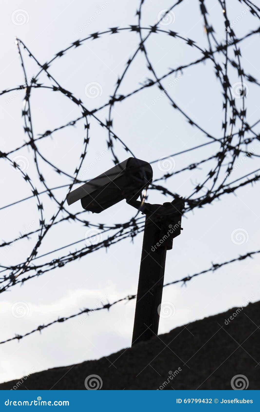 Security Camera Behind Barbed Wire Fence Around Prison Walls Stock ...