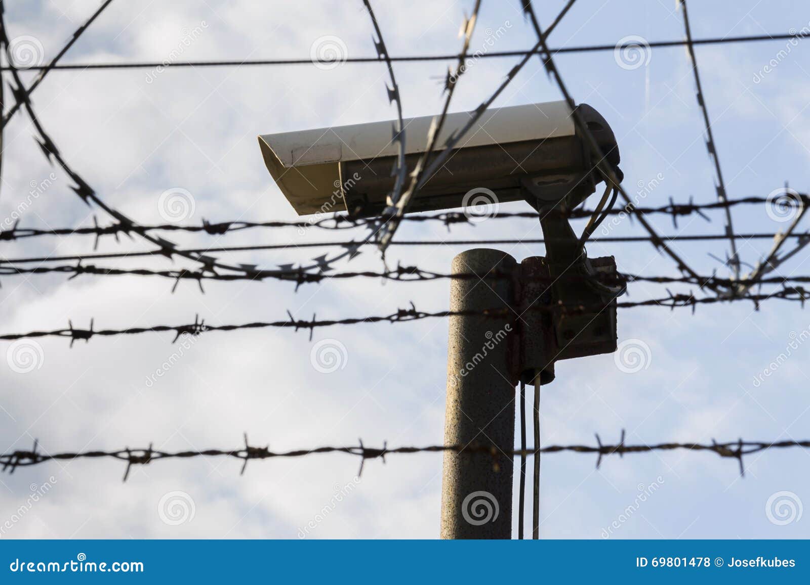 Security Camera Behind Barbed Wire Fence Around Prison Walls Stock ...