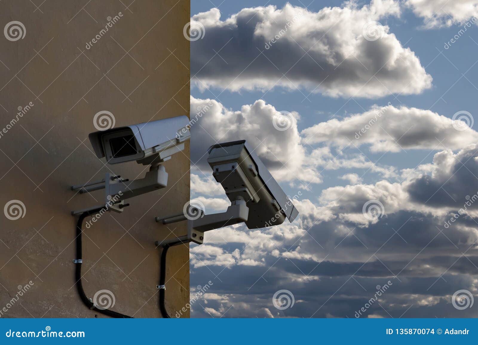 Security Camera on the Blue Wall in Day Stock Photo - Image of ...