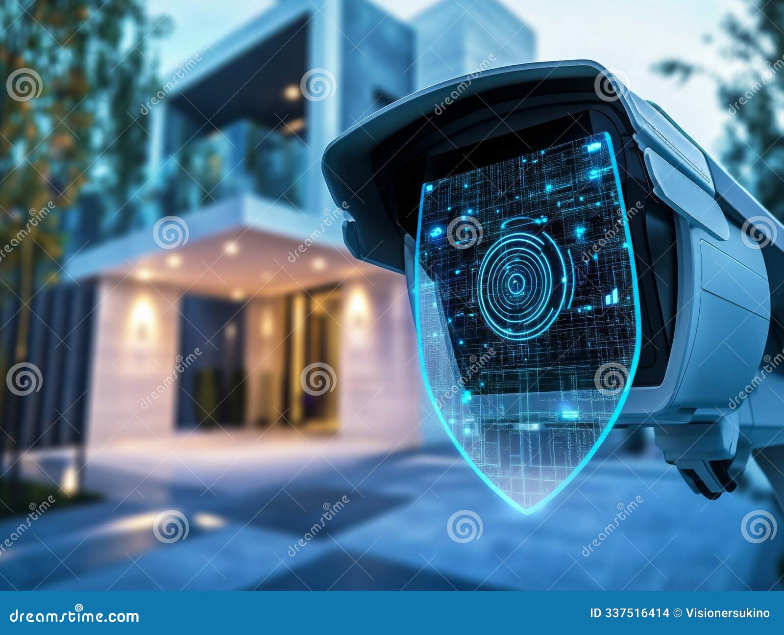 Security Camera with Digital Shield Protecting Modern Home Stock ...