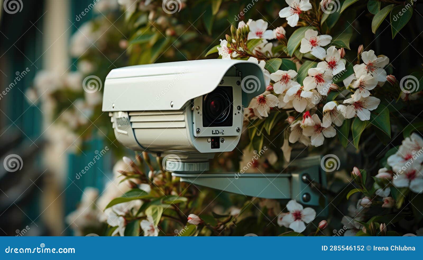 Security Camera in Front of House with Flowers in the Foreground Stock ...