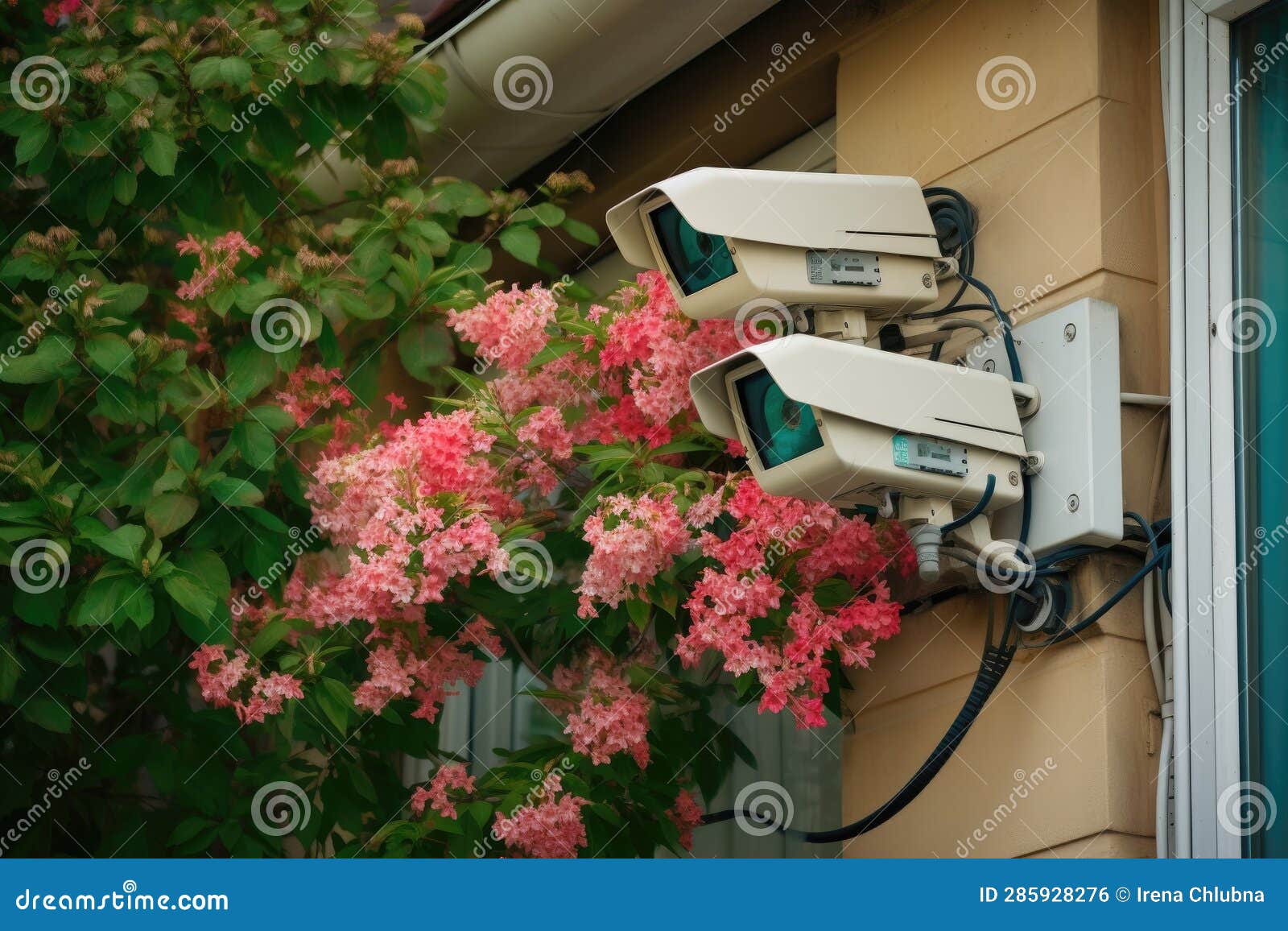 Security Camera in Front of House with Flowers in the Foreground Stock ...