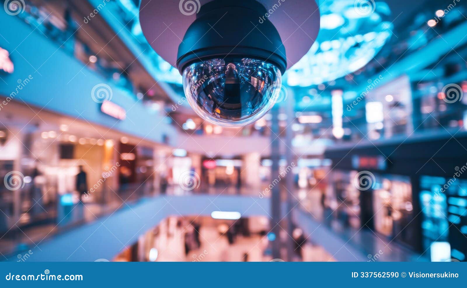 Security Camera Hanging in a Blurry Shopping Mall Stock Illustration ...