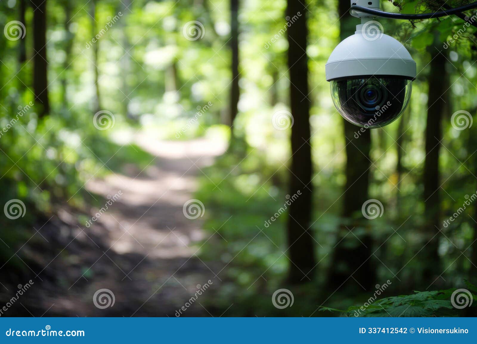 A Security Camera Hanging in a Forest, Monitoring a Pathway Stock ...