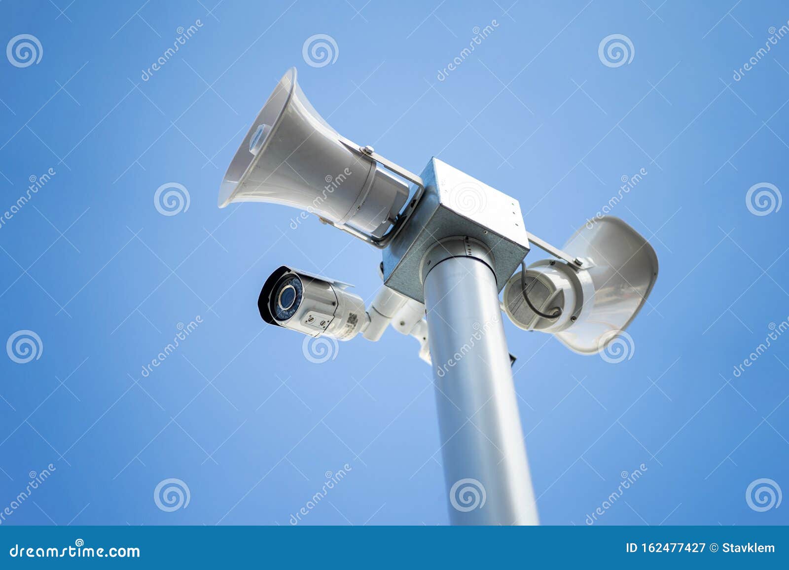 Security Camera with Loudspeakers and Megaphone on the Sky Background ...