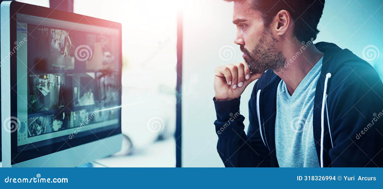 Security, Camera and Man on Computer for Surveillance, Tracking and ...