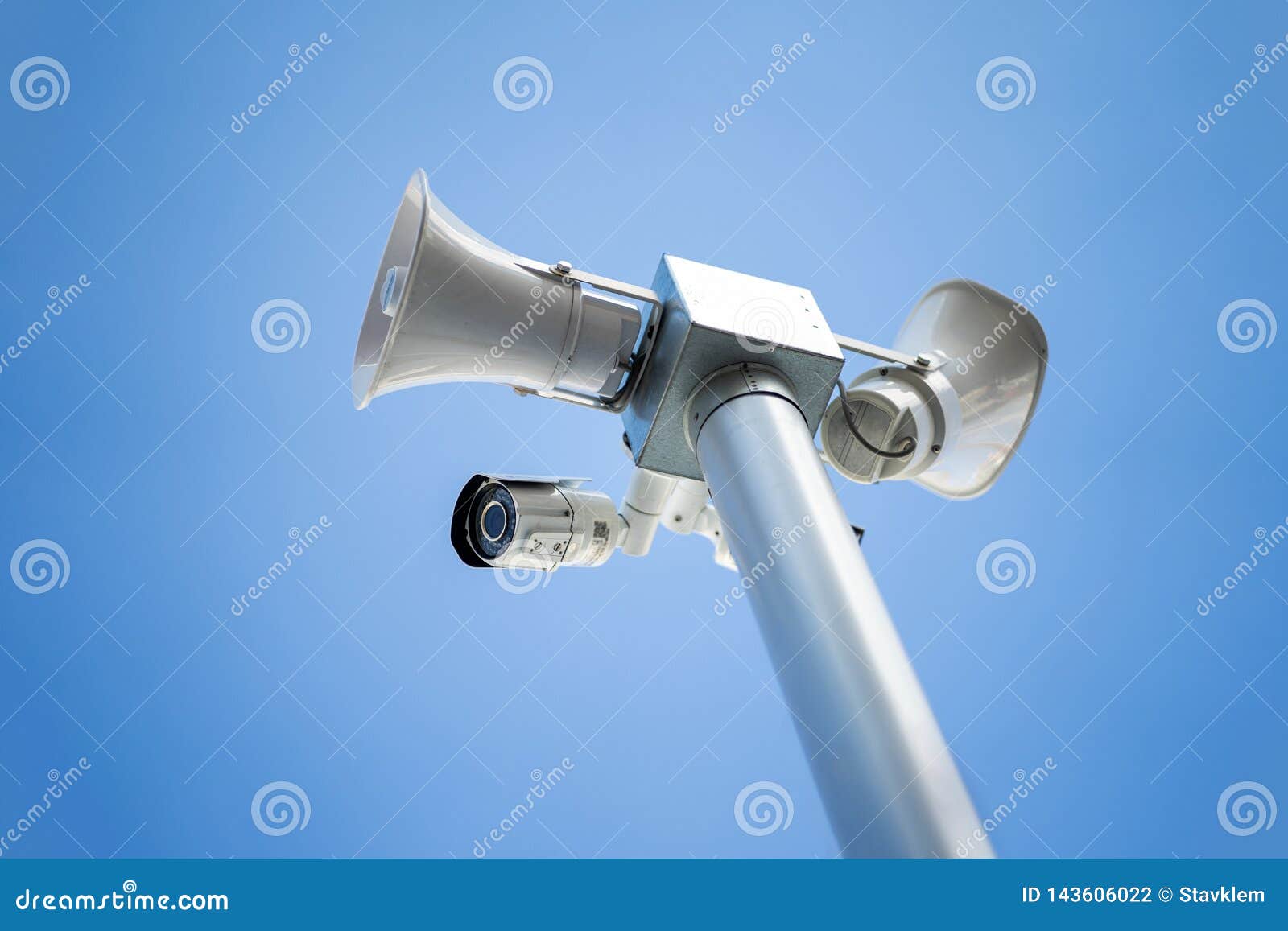 Security Camera with Loudspeakers and Megaphone on the Sky Background ...