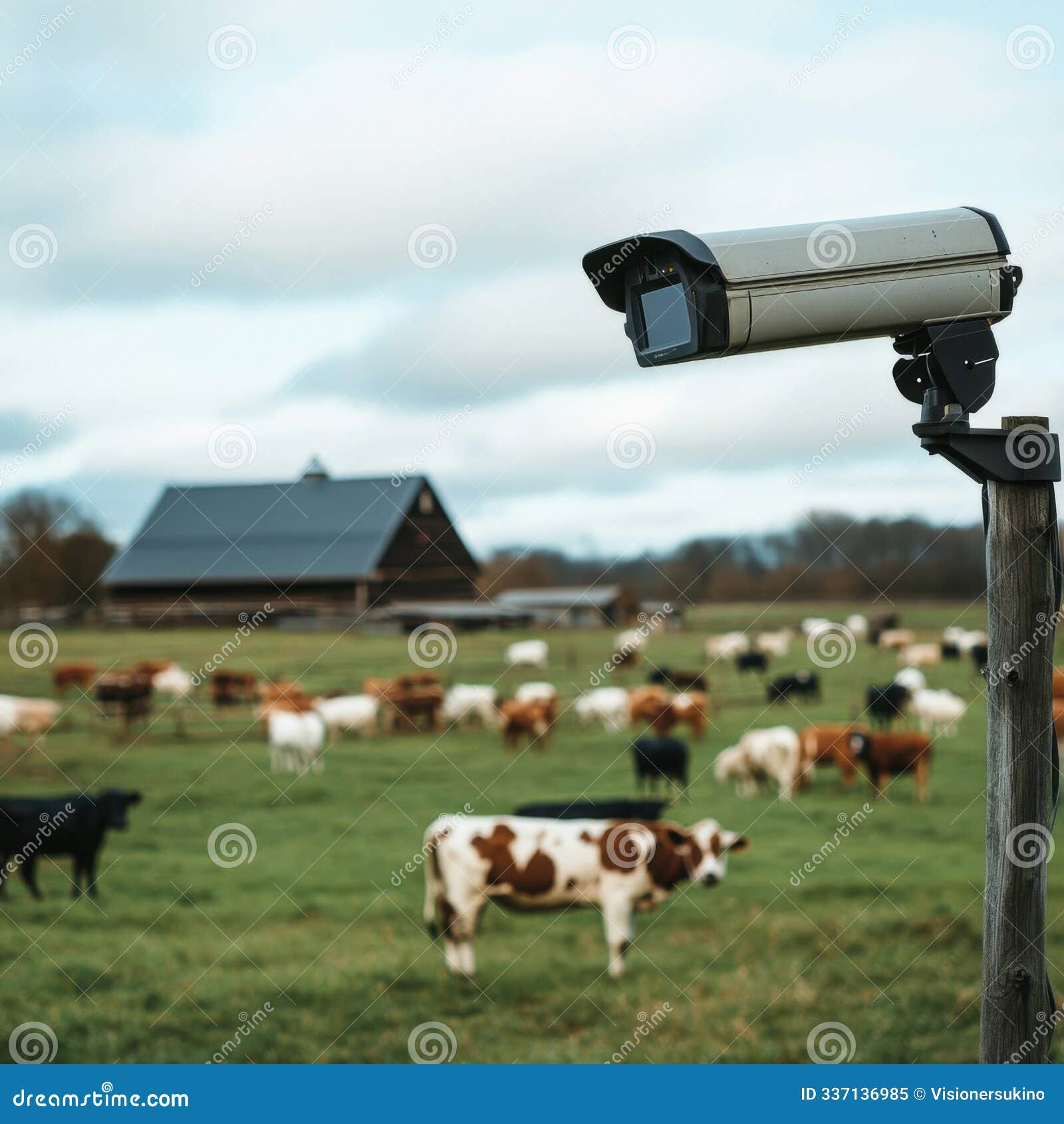 Security Camera Monitoring Cattle in a Field Stock Illustration ...