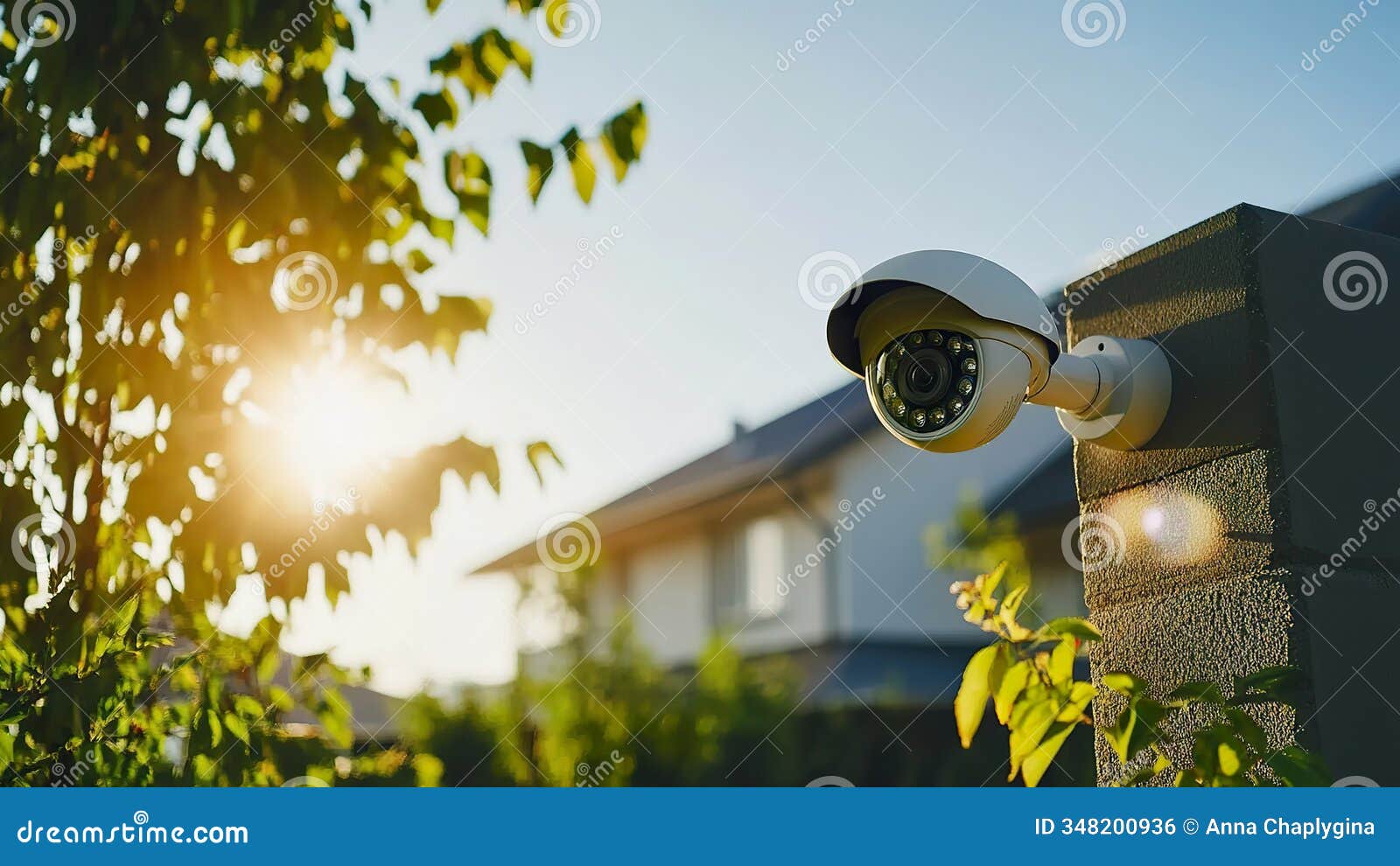 Security Camera Monitoring a Sunny Backyard, Home Survailance Stock ...
