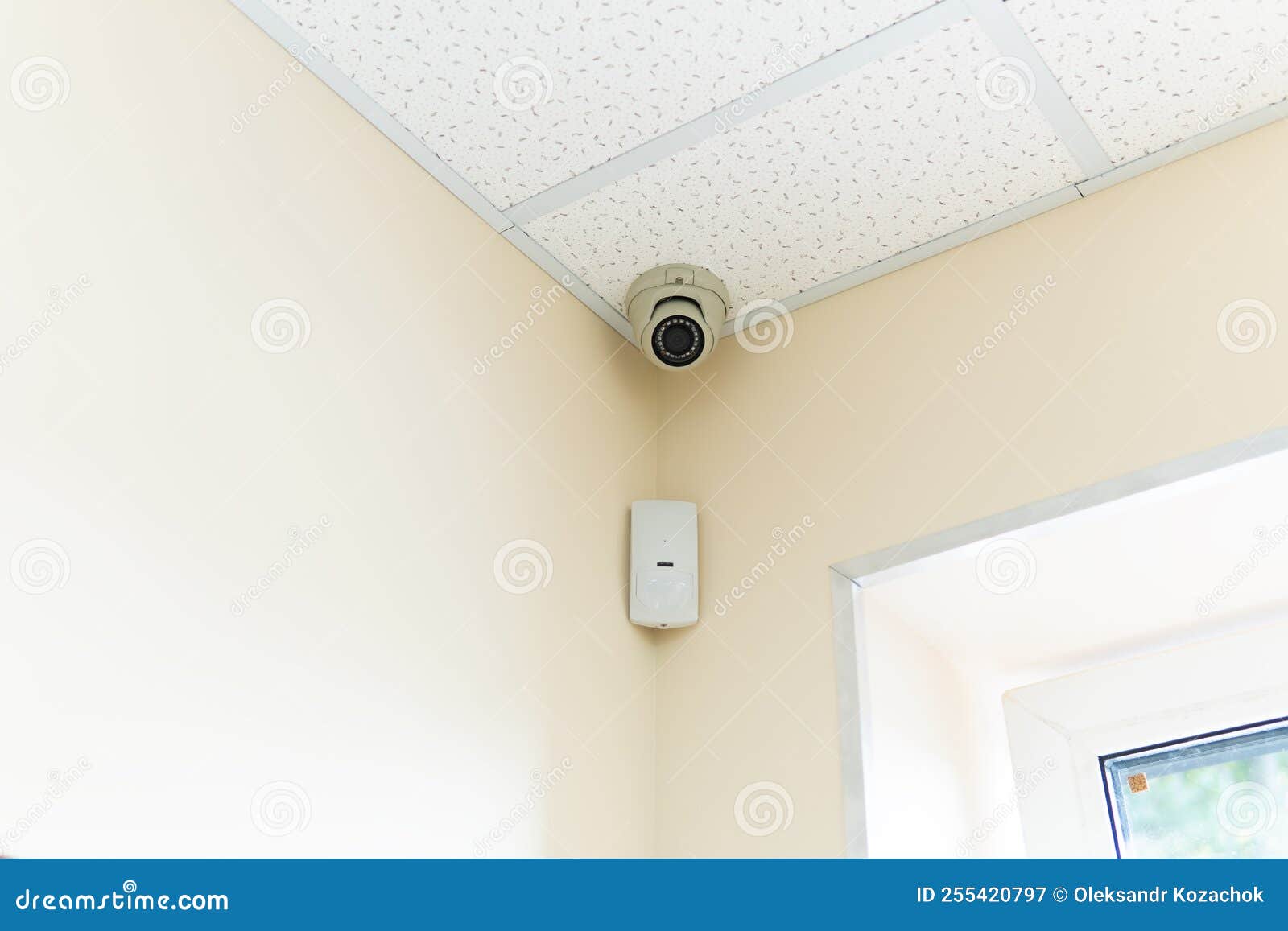 Security Camera and Motion Detector Installed on Ceiling in Room. Stock ...