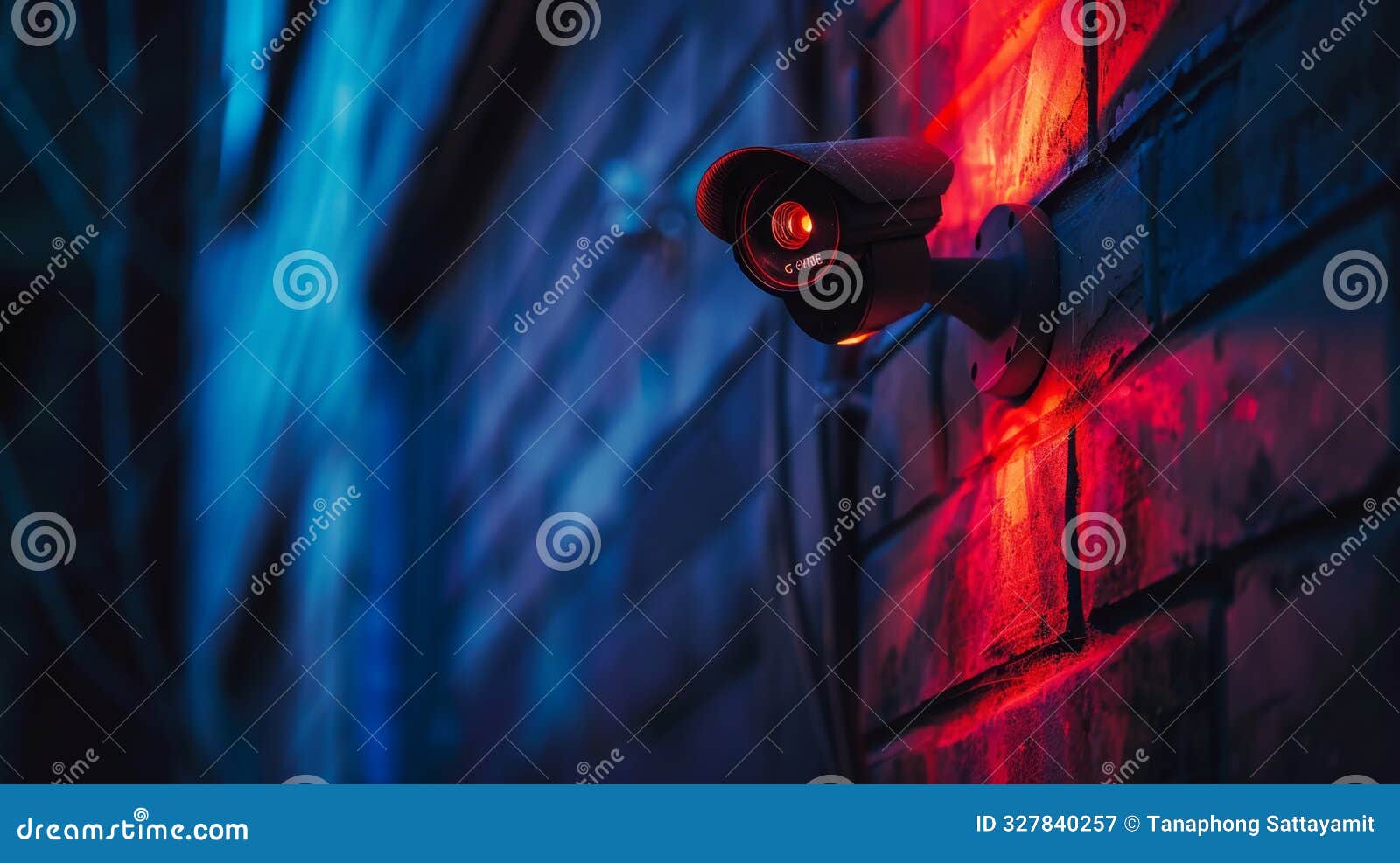 A Security Camera Mounted on a Brick Wall with a Red Light Illuminating ...
