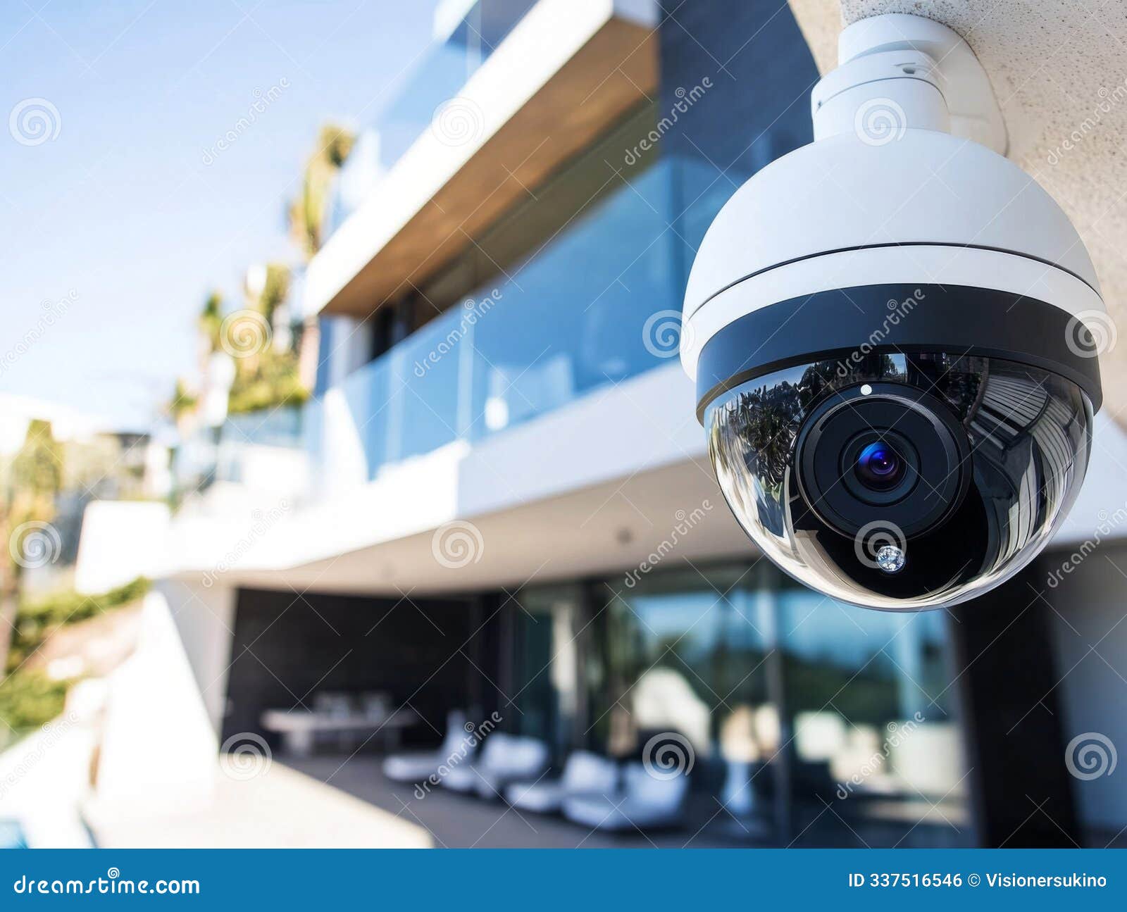 Security Camera Mounted on a Modern Home with a Pool Stock Illustration ...