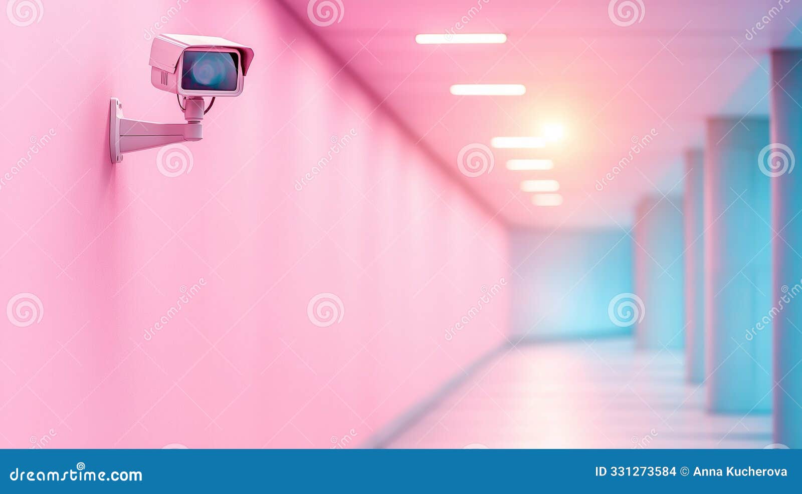 Security Camera Mounted on a Pink Wall in a Brightly Lit Modern Hallway ...