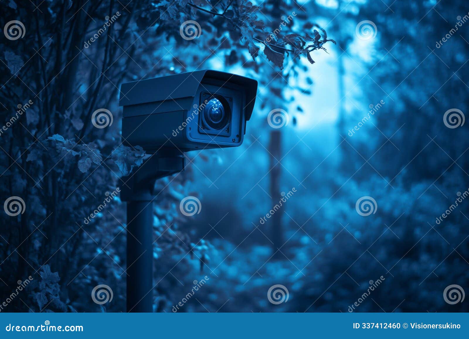 A Security Camera Mounted on a Pole in a Forest Setting Stock ...