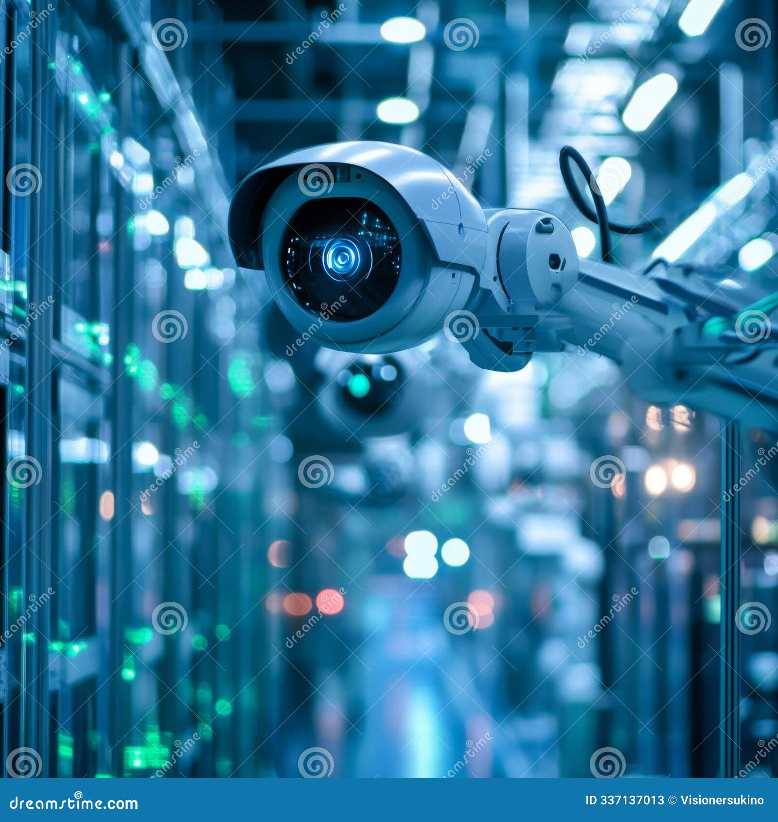 Security Camera Mounted in Server Room with Blurry Background Stock ...