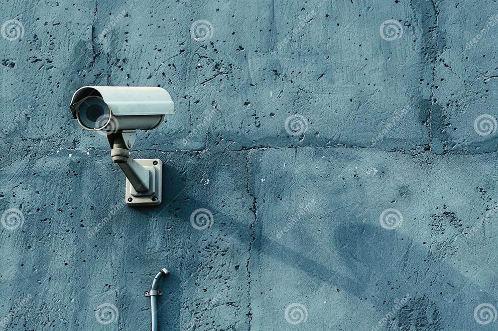 A Security Camera is Mounted on a Textured Blue Wall, Its Lens Pointed ...