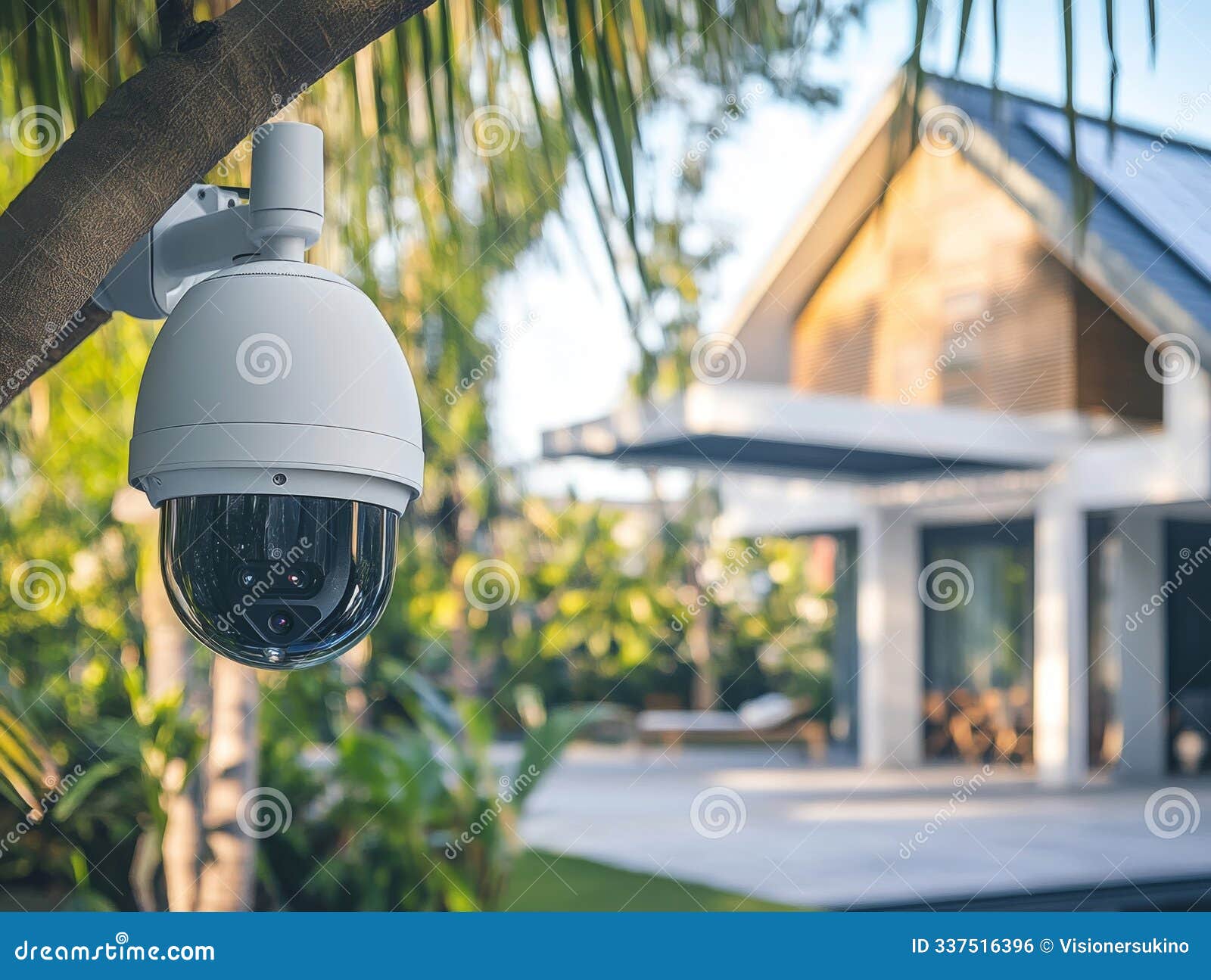 Security Camera Mounted on Tree Branch with Modern Home in Background ...