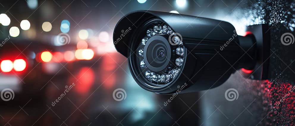 Security Camera Mounted on a Wall with Blurry Red Lights in the ...