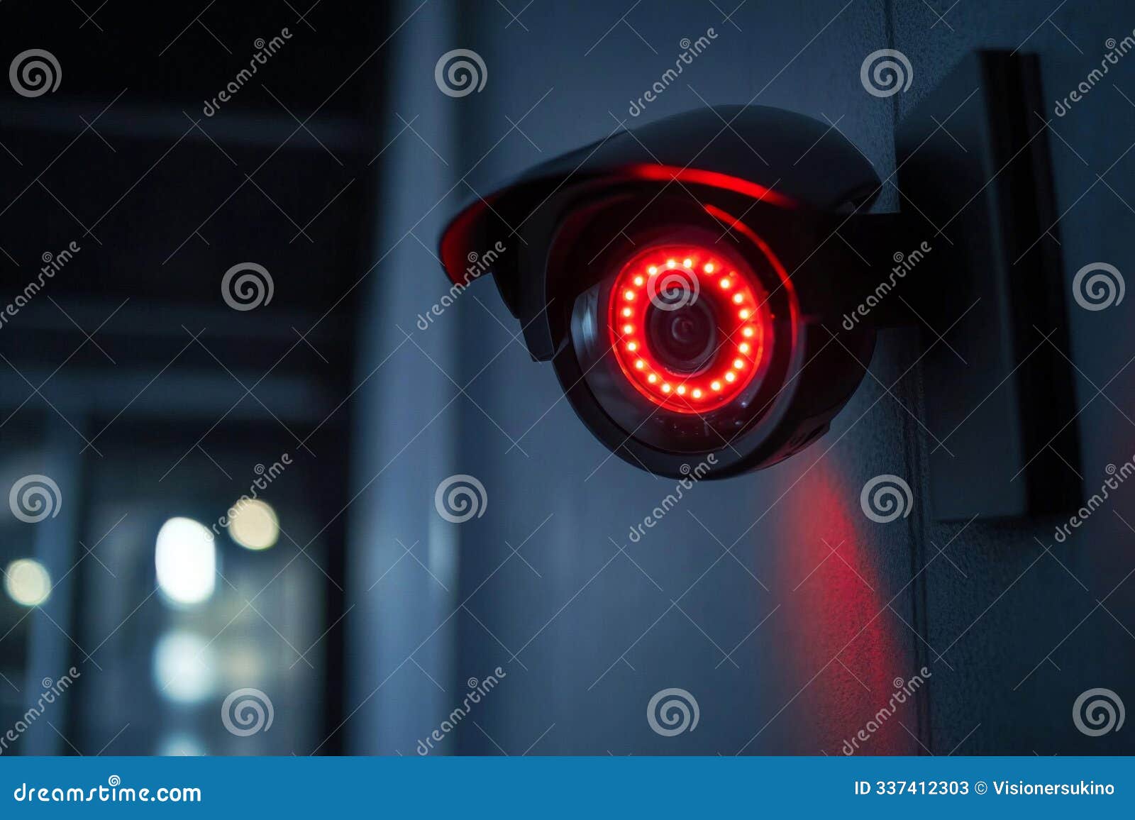 A Security Camera Mounted on a Wall with Red LED Lights Stock ...