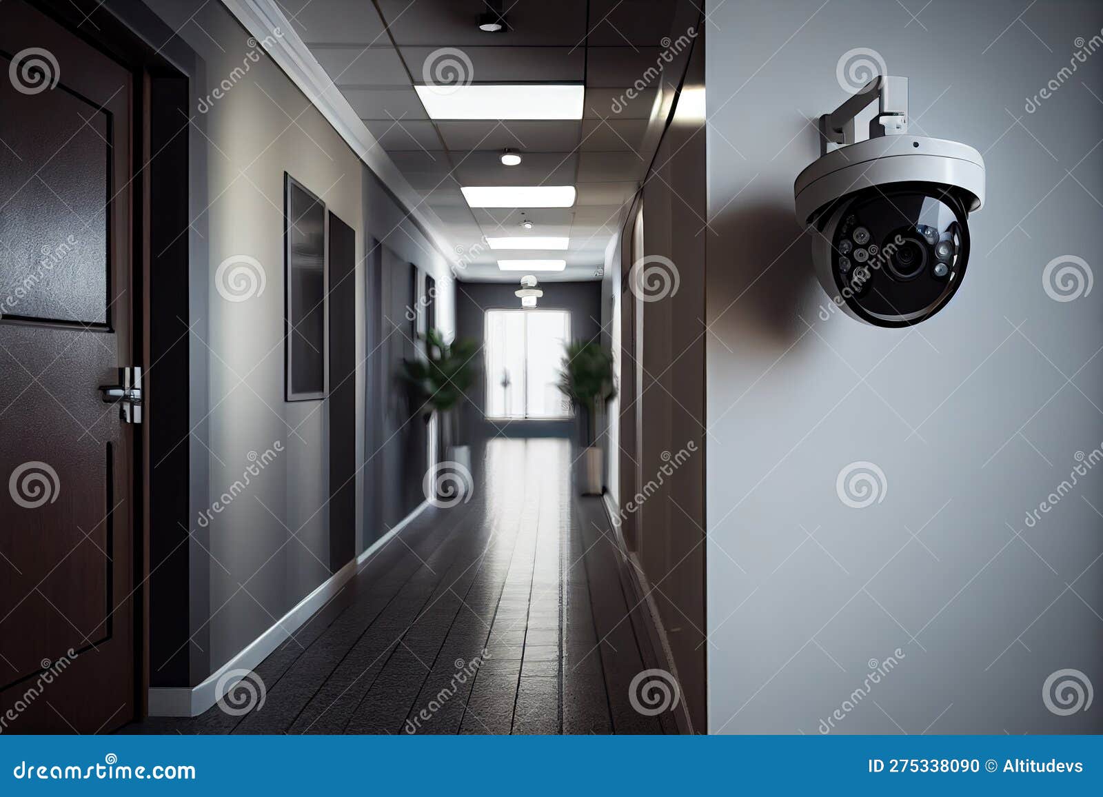 Security Camera in Office Hallway, with View of Doors and Entrances ...