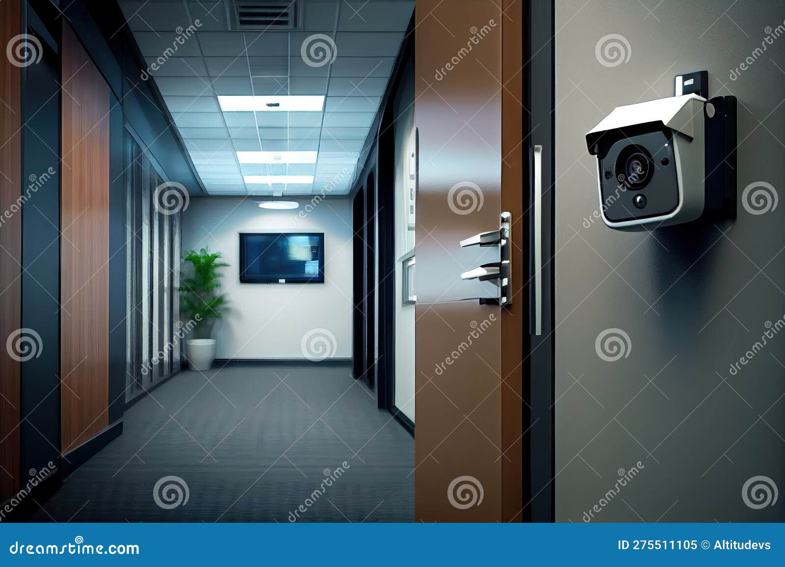 Security Camera in Office Hallway, with View of Doors and Entrances ...