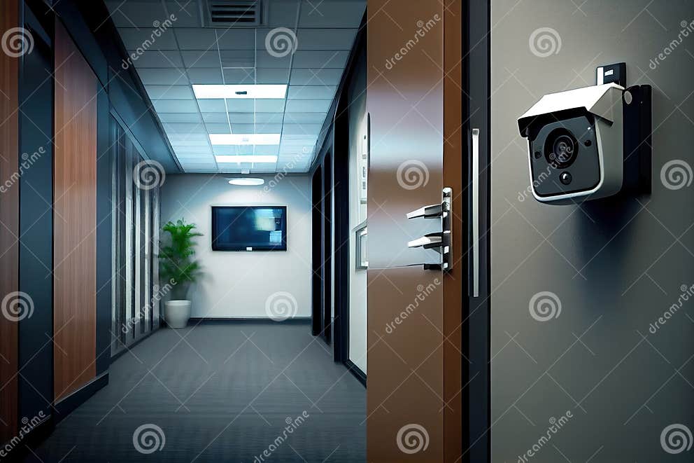 Security Camera in Office Hallway, with View of Doors and Entrances ...