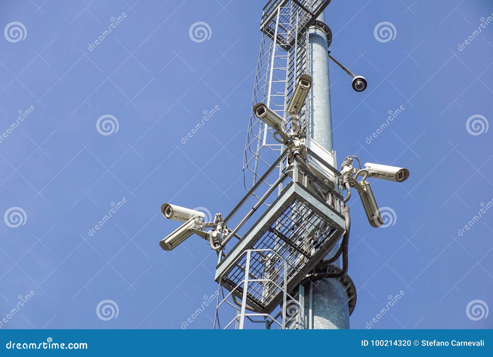 Security Camera on Pole High Tower of CCTV System in Daytime Stock ...