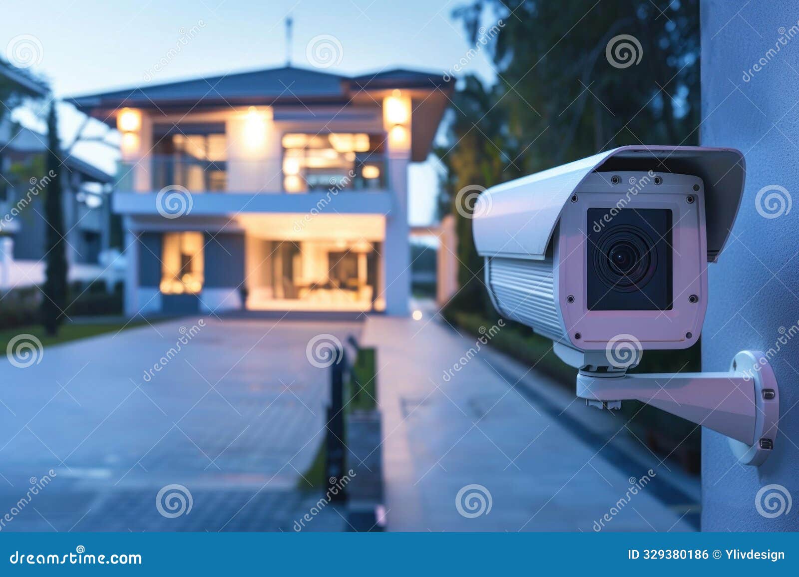 Security Camera Protecting Modern House at Evening with Lights on Stock ...